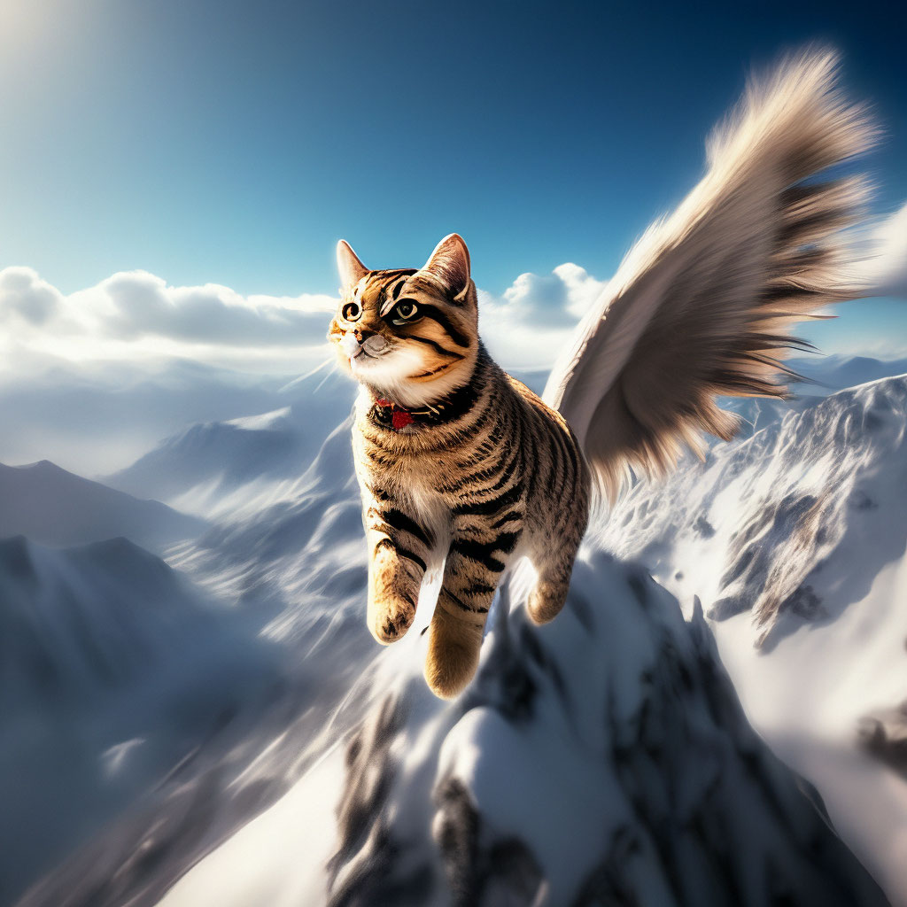 "A cat with huge wings flies to conquer mountains, realistic, beautiful ...