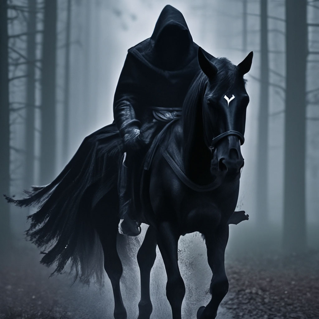 "Headless, mystical character a headless horseman, on a black horse, in ...