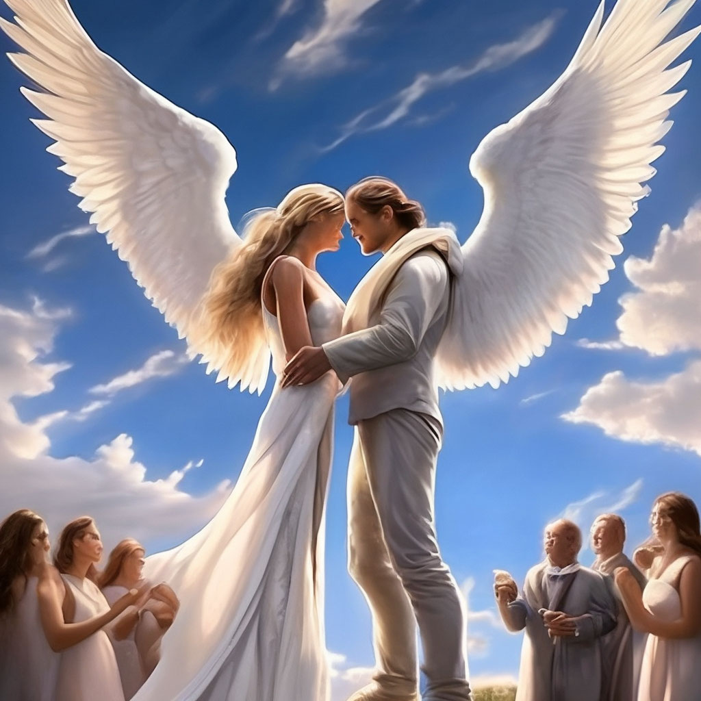 "The wedding ceremony of angels with wings. Sky, clouds, paradise ...
