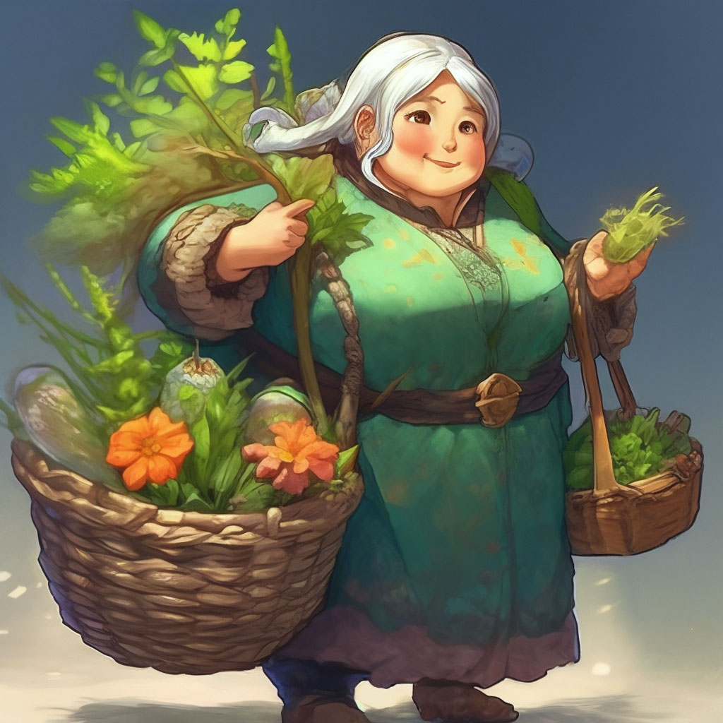 "An old fat witch carries a basket of herbs. Miyazaki anime style ...