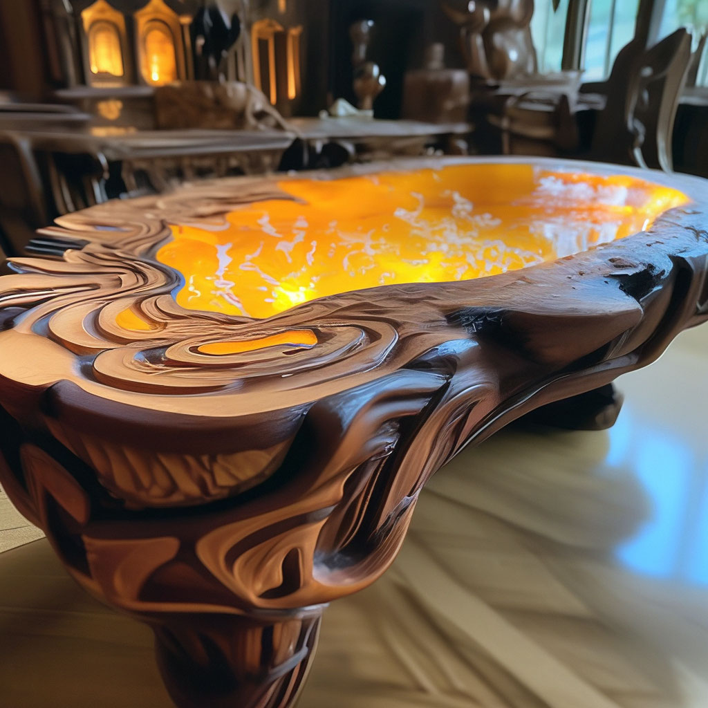"Very beautiful massive carved, unique wooden large table, epoxy resin ...