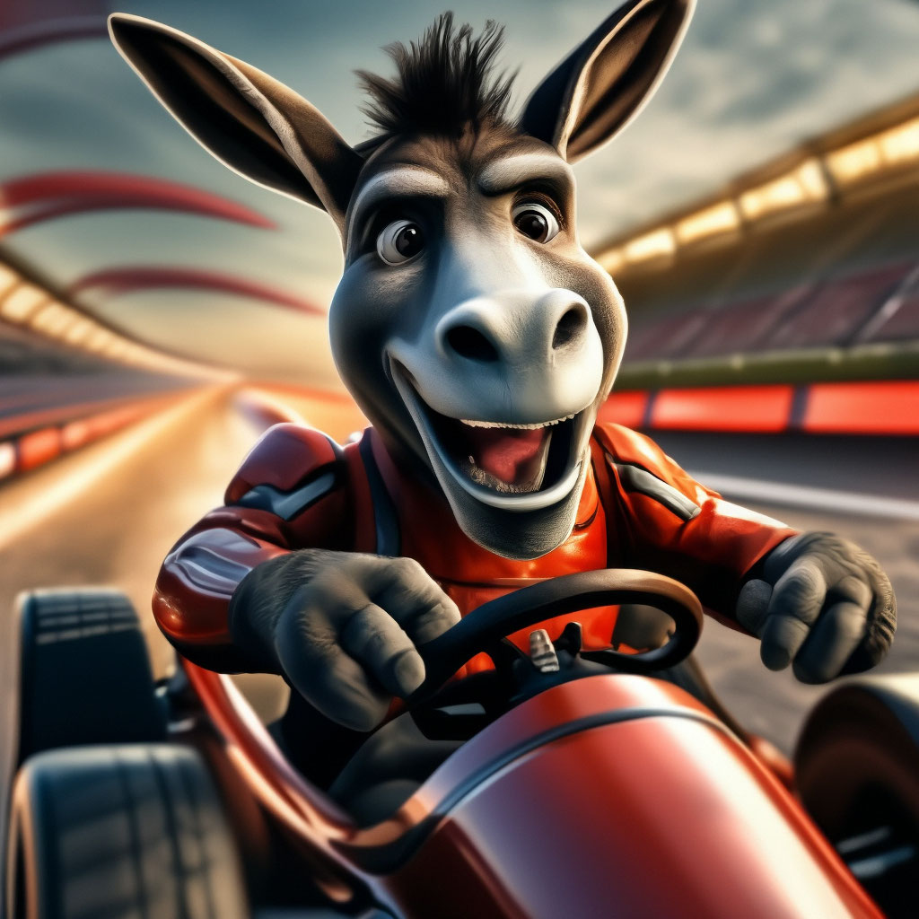 "Anthropomorphic Donkey in a racing car, racing along the race track ...