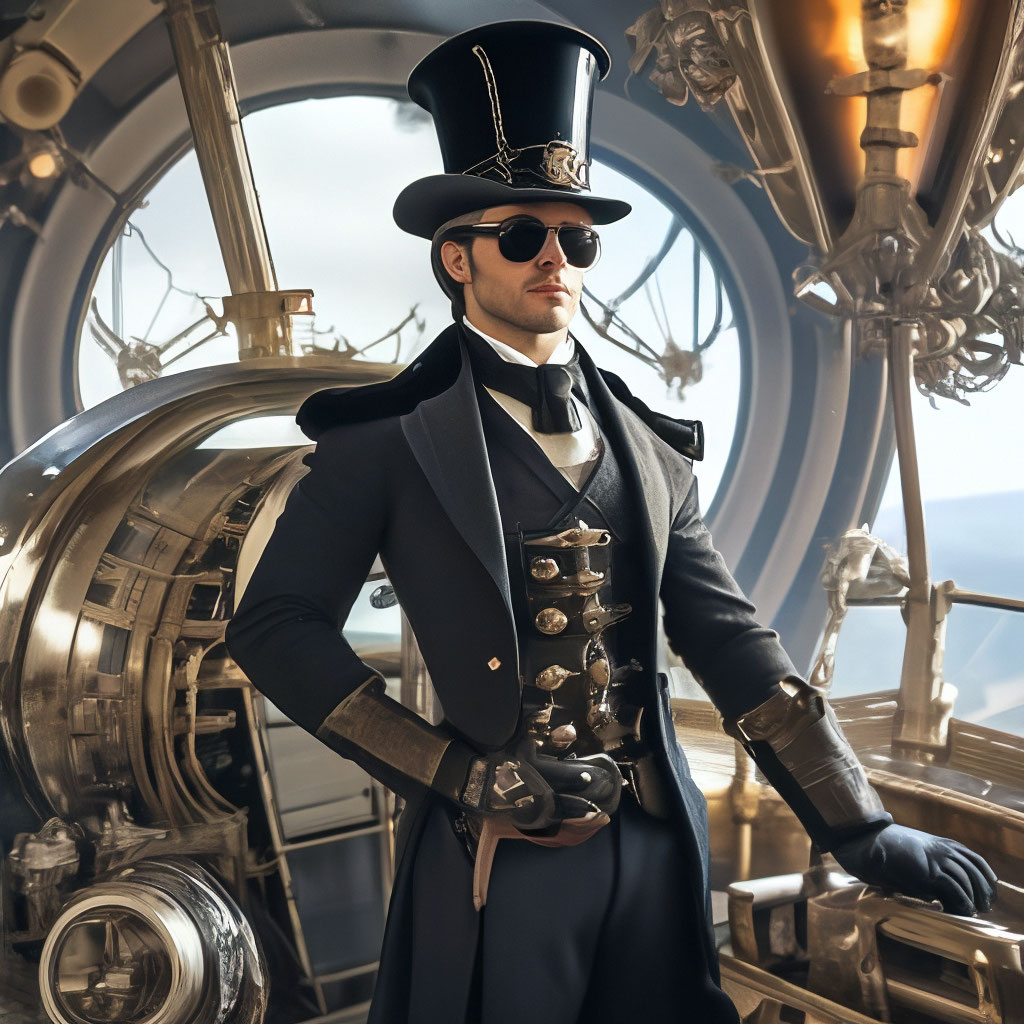 "Steampunk aristocrat dressed in a black suit with a black top hat with ...