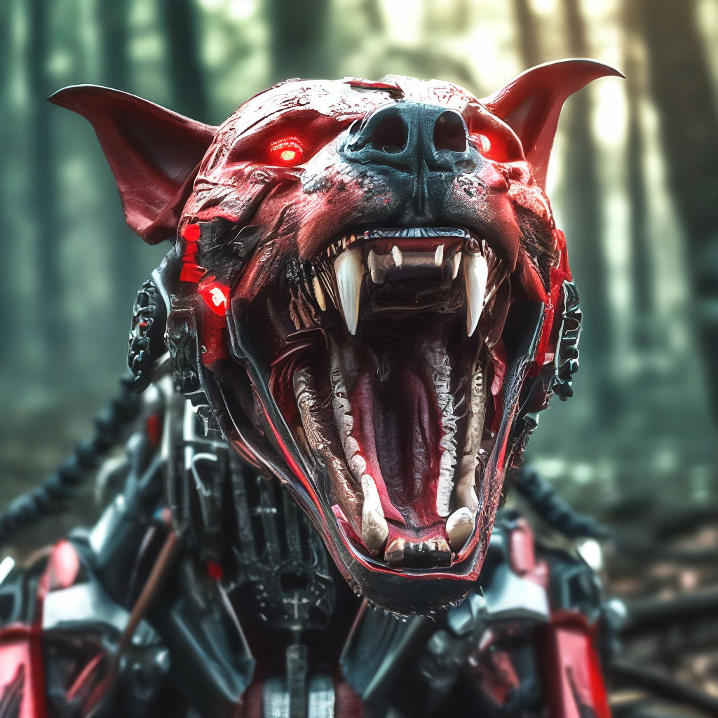 "Cyborg pit bull, red eyes, opened his mouth, fangs visible, in the ...