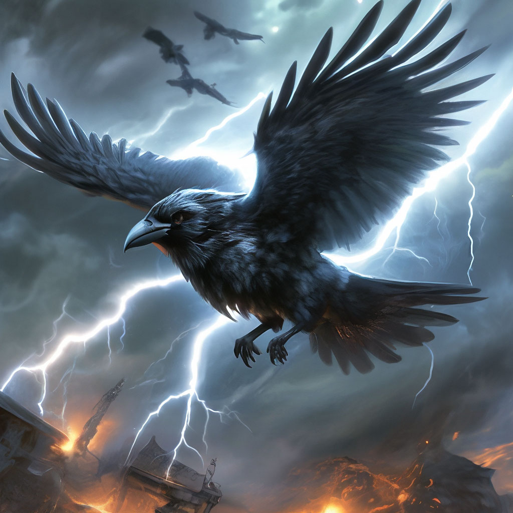 "Lightning storm crow, flying" — image created in Shedevrum