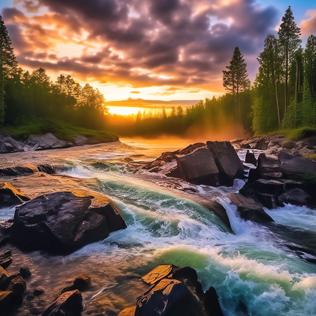 "Forest, river, rocks, splashes of water, sunset, clouds soft and ...