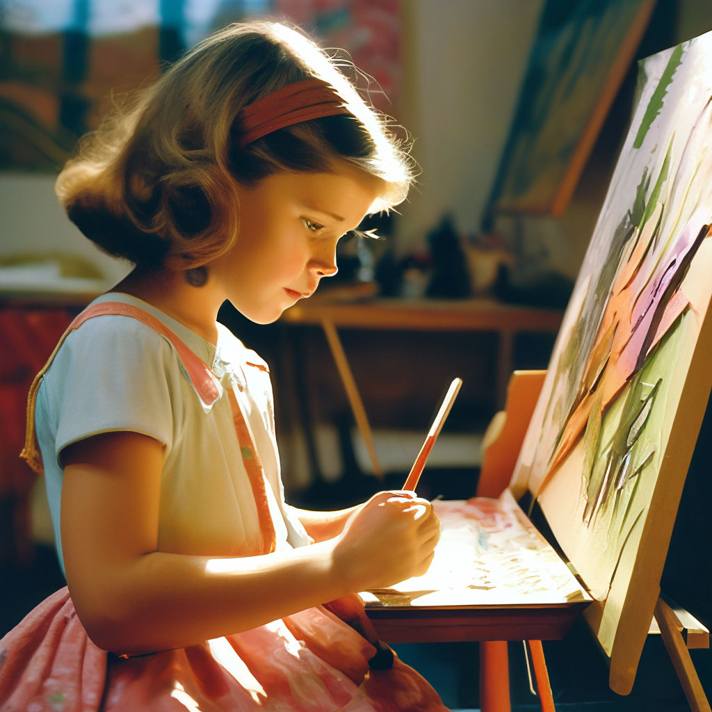 "A restless girl draws at an easel, Rockwell Norman, retro 50s of the ...
