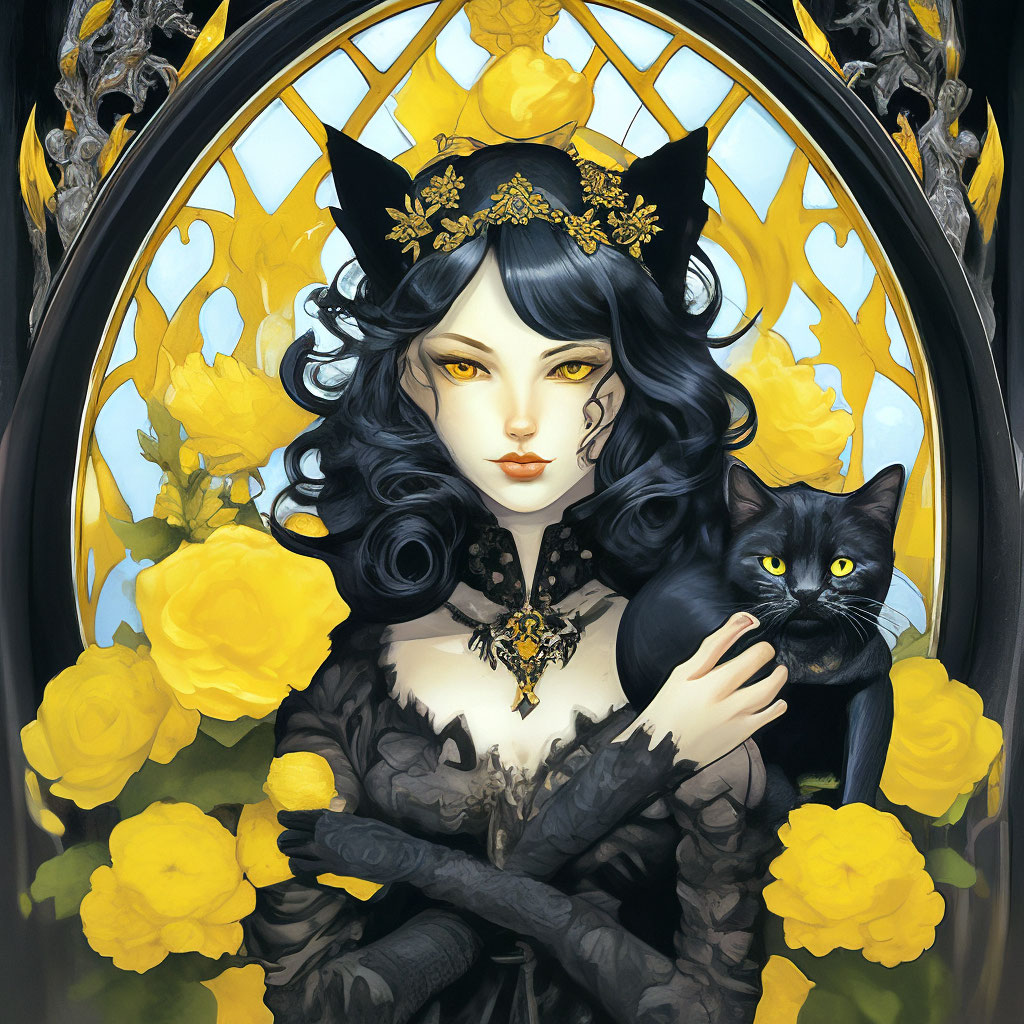 "Gothic princess with black cat and yellow flowers, tourmaline" — image ...
