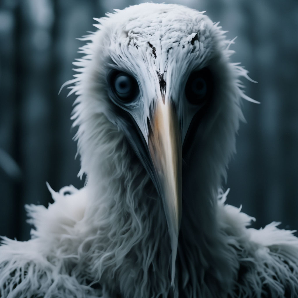 "Creepy anthropomorphic polar bird 2 meters high with a very long beak ...