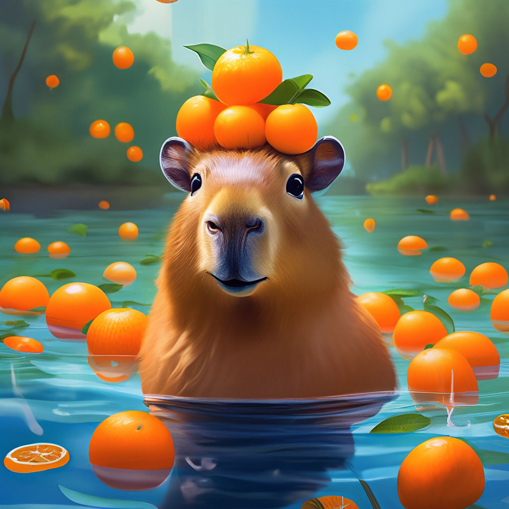 "The capybara stands in the lake. She's got an orange on her head, and ...