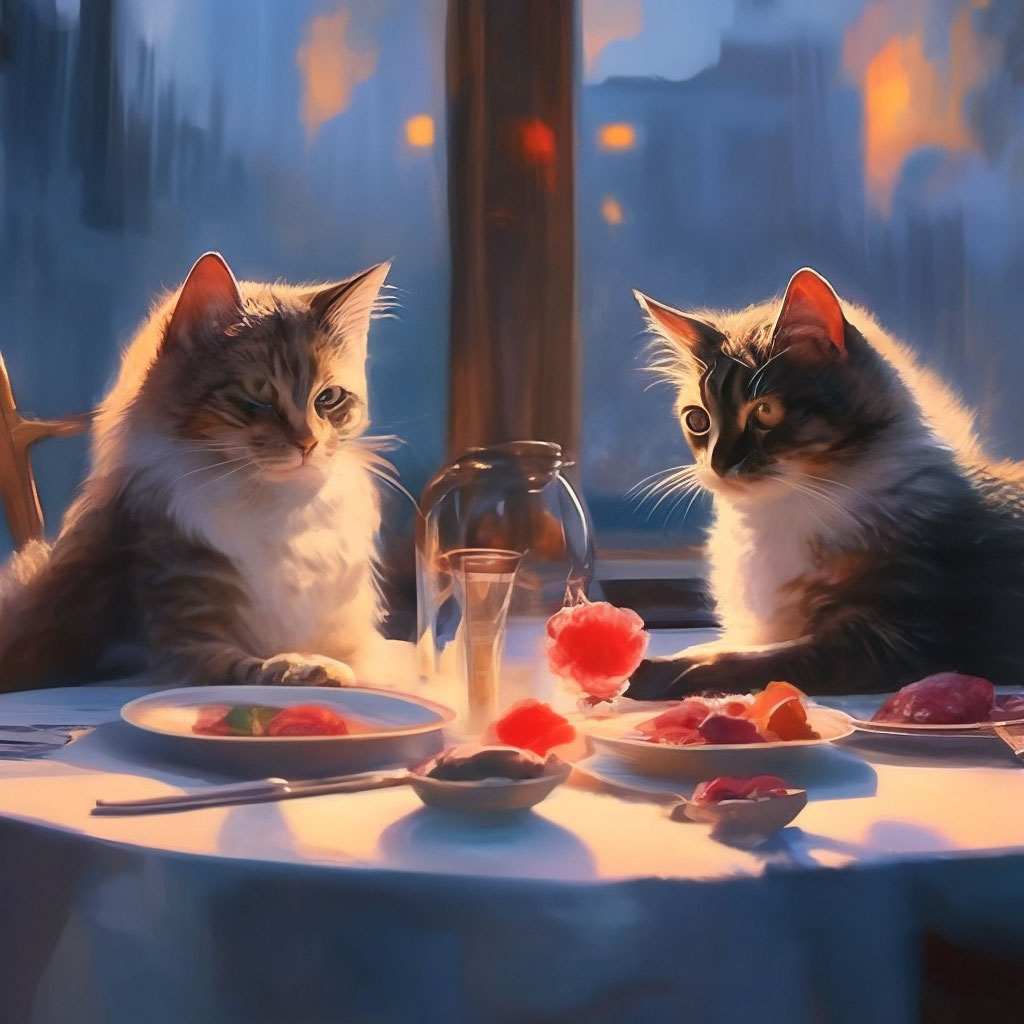 "Two cats for romantic dinners" — image created in Shedevrum
