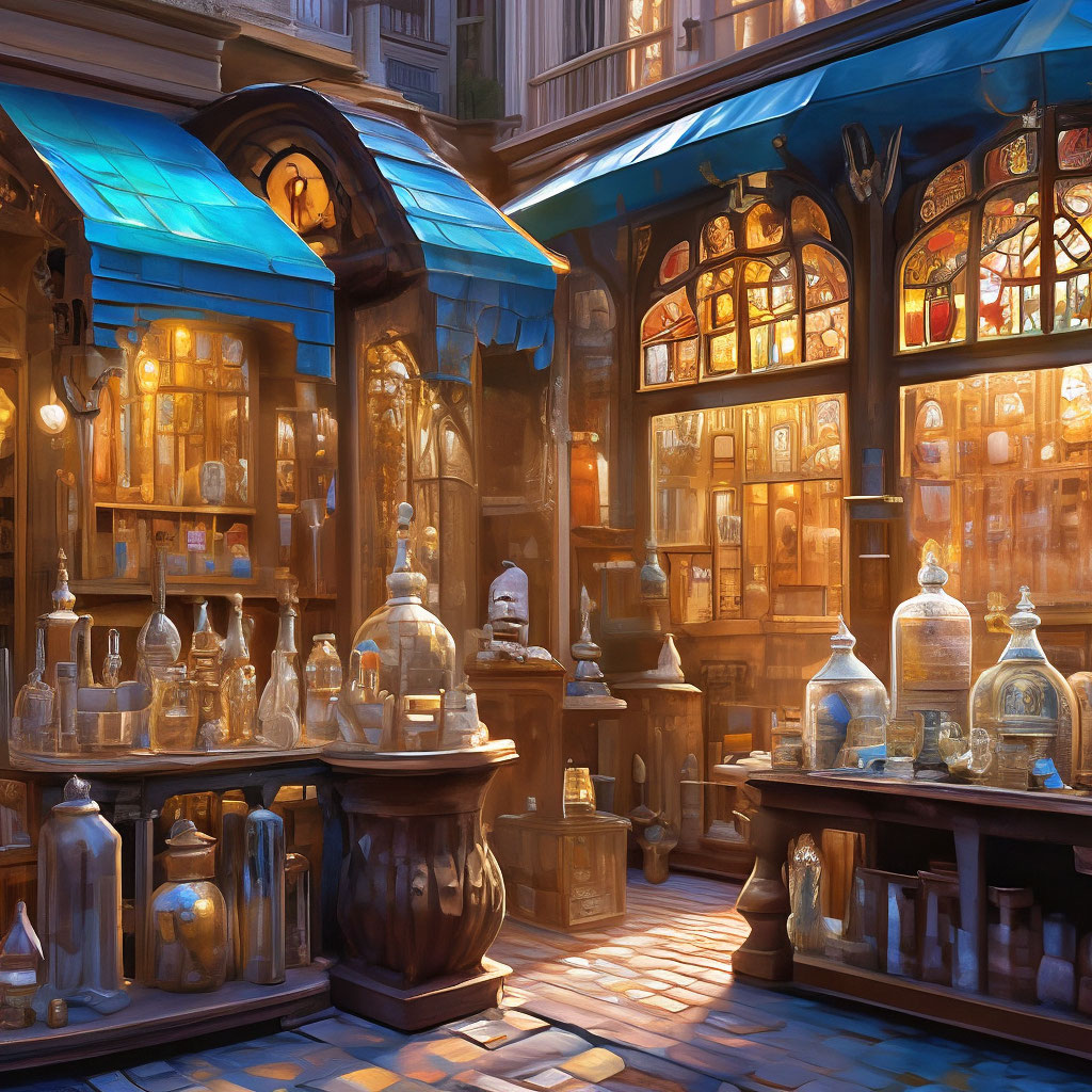 "Alchemist's shop on the street of the magic city, glass, epic ...