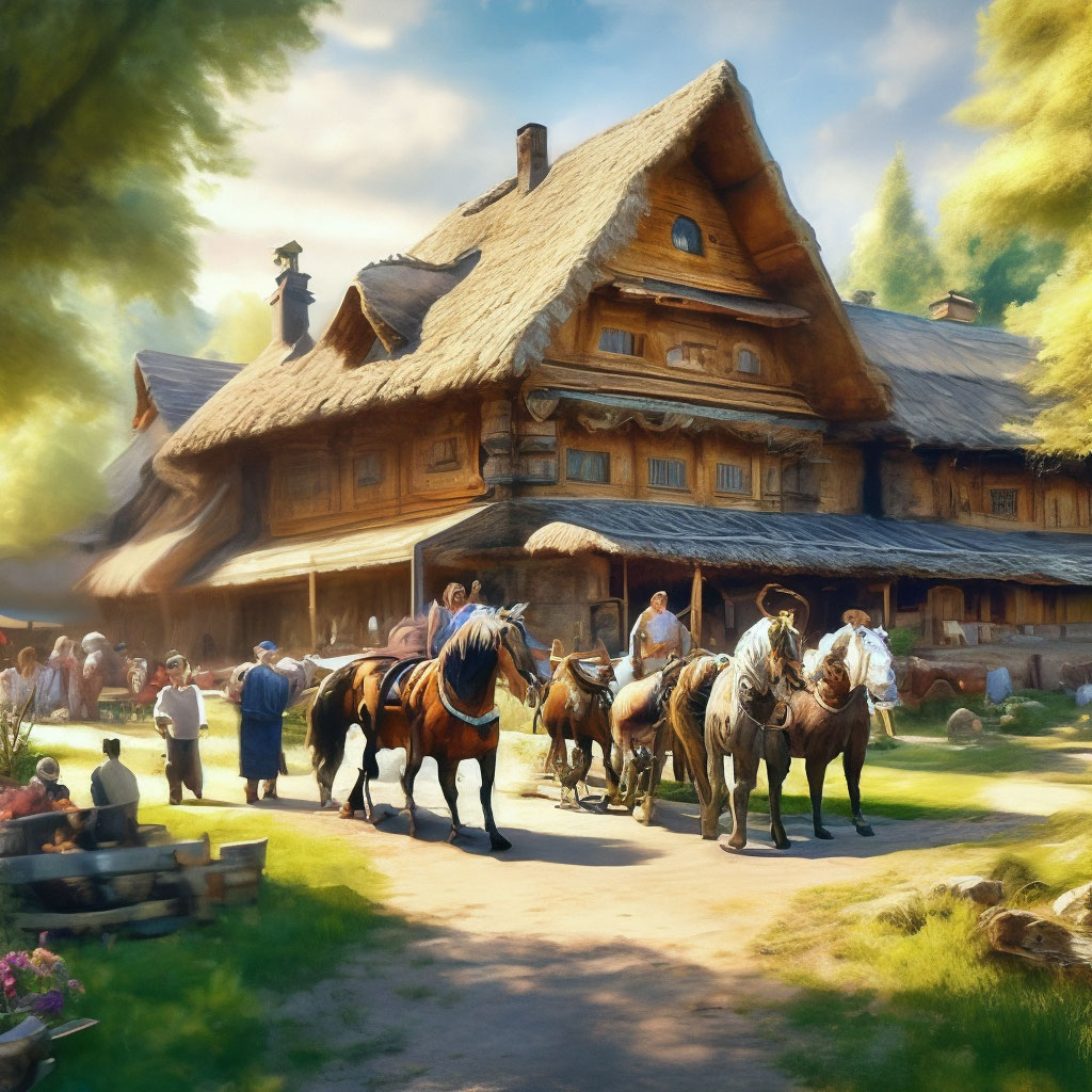 "Fantasy, soft watercolor, a large strong beautiful log Russian tavern ...