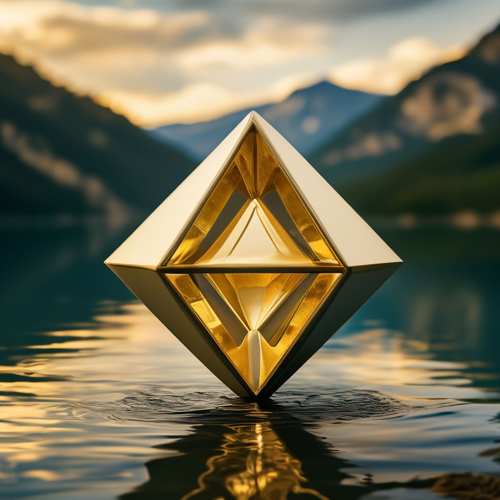 "Penta-hexa-tetrahedron of gold above the lake" — image created in ...