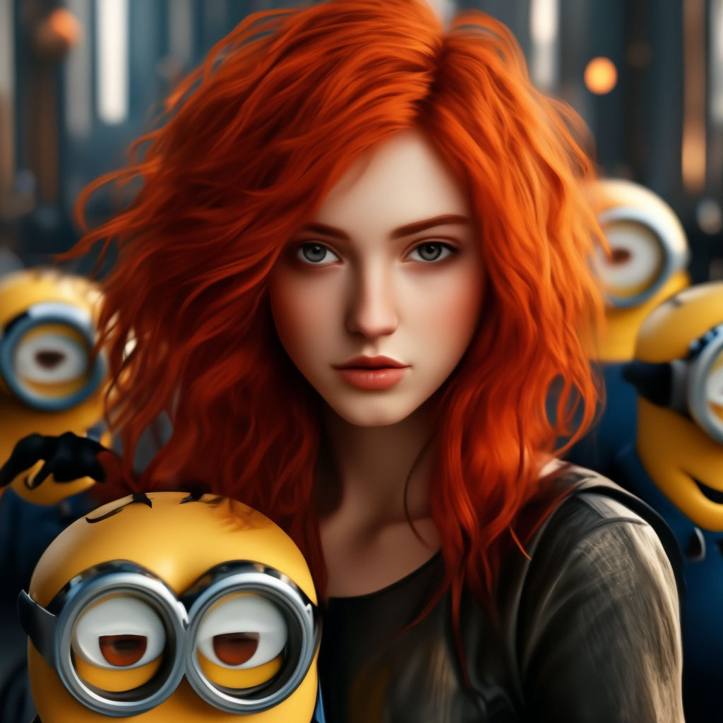 "Girl with red hair and minions" — image created in Shedevrum