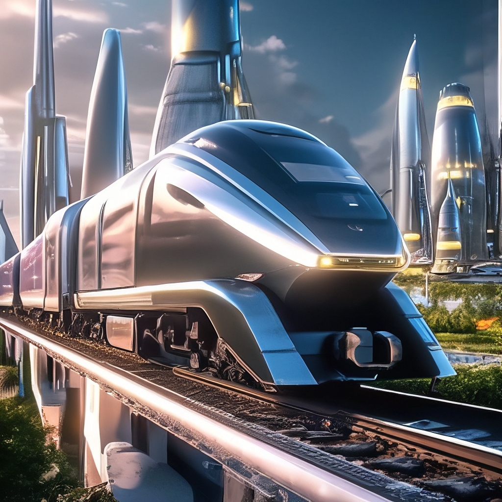 "Diesel locomotive TEM 2 passes by the city of the future, hyperrealism ...