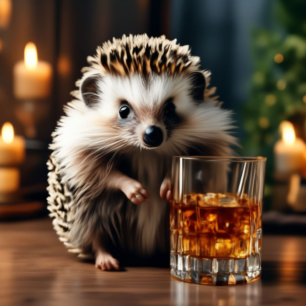 "Fluffy hedgehog with a glass, whiskey on the rocks" — image created in ...