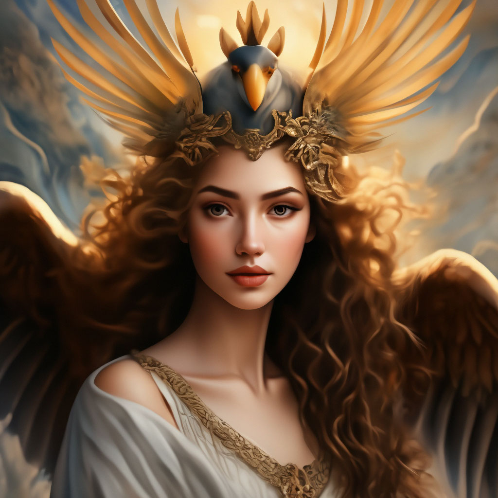 "A bird with a girl's face mythology watercolor gently the rays of the ...