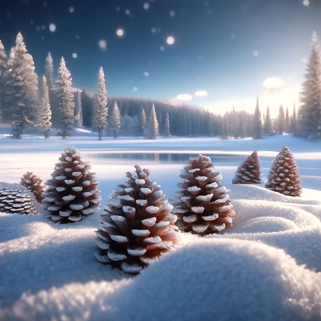 "Huge cones in the snow, frozen lake, smooth, transparent shimmer, 4k ...