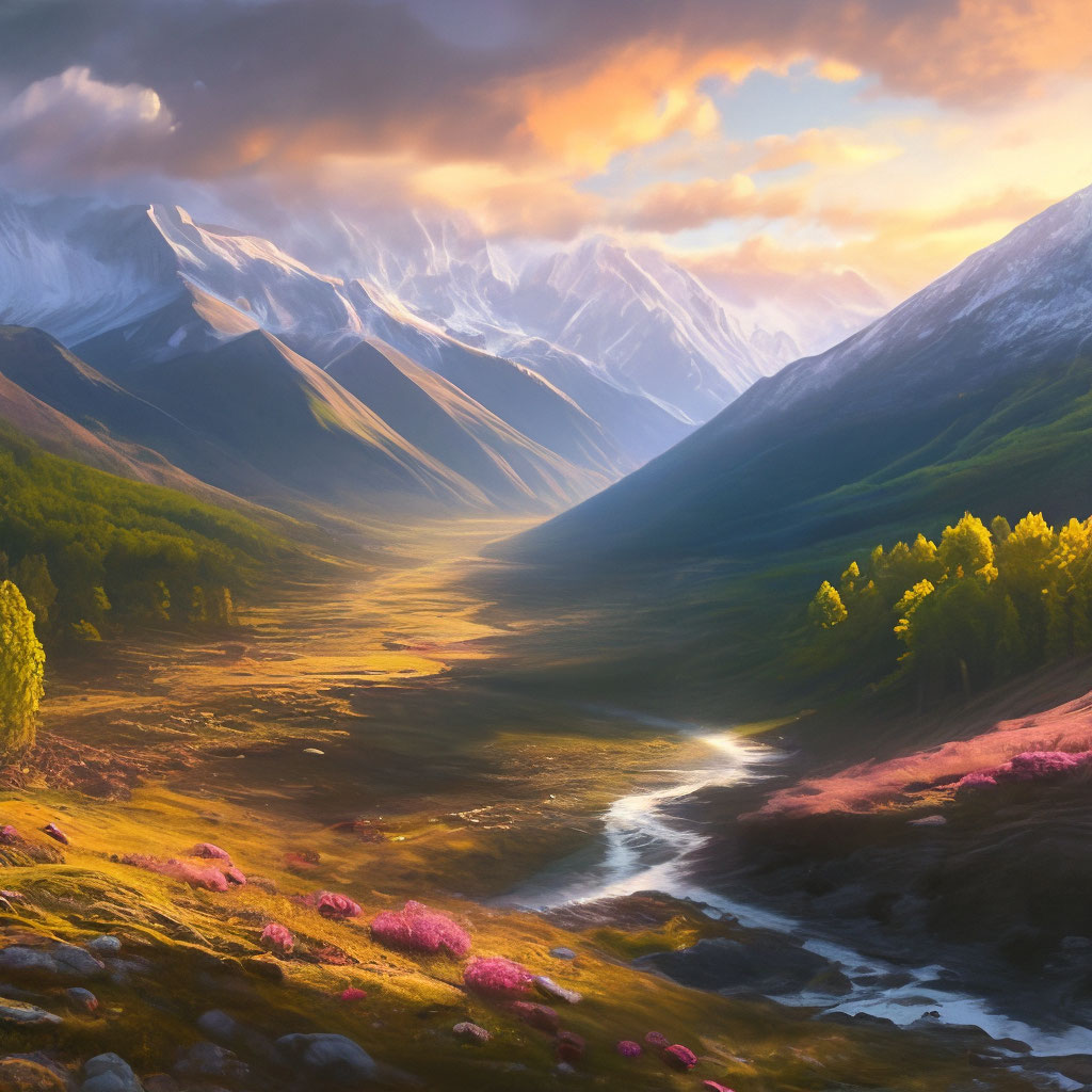 "Landscape, spring peach dawn alpine expanses of the taiga mountains ...