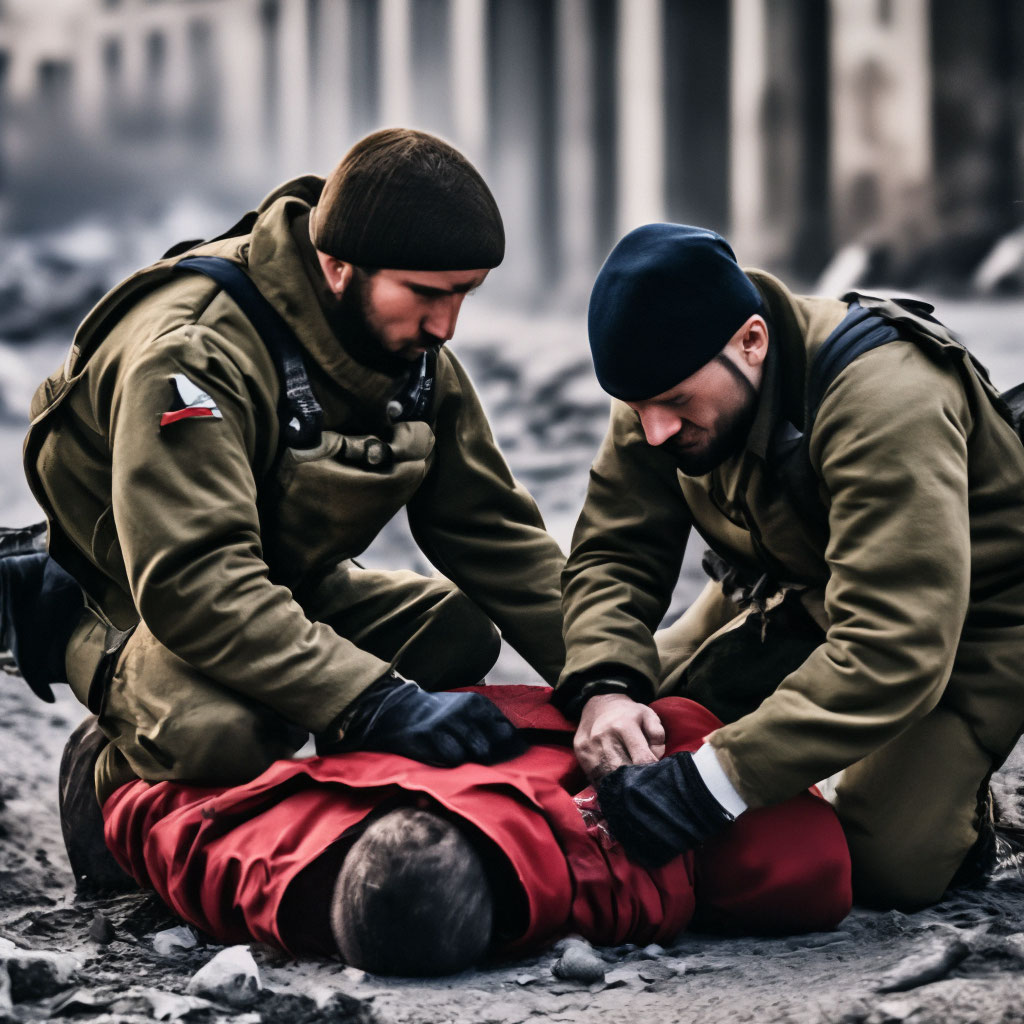 "A wounded medic provides first aid to a shell-shocked person" — image ...