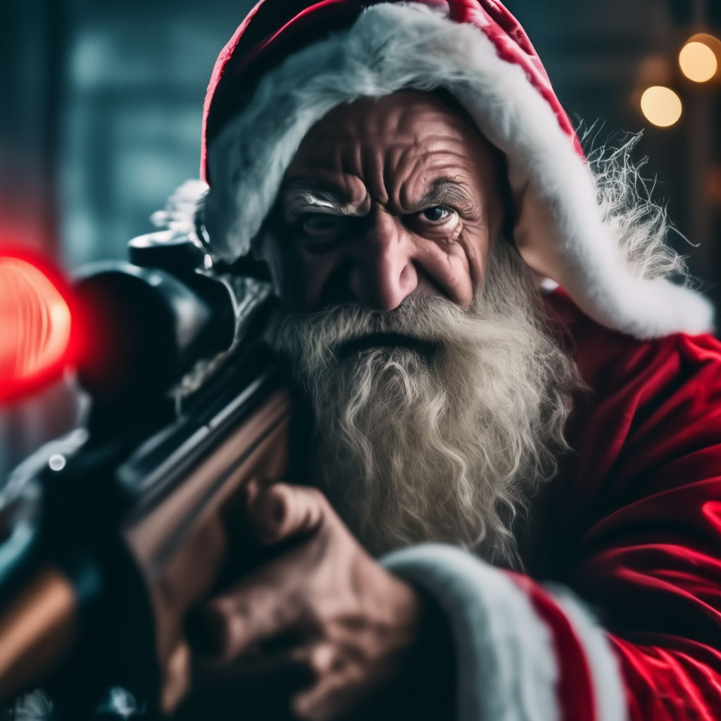 "Insidious Santa Claus laughs ominously, in the hands of a sniper ...