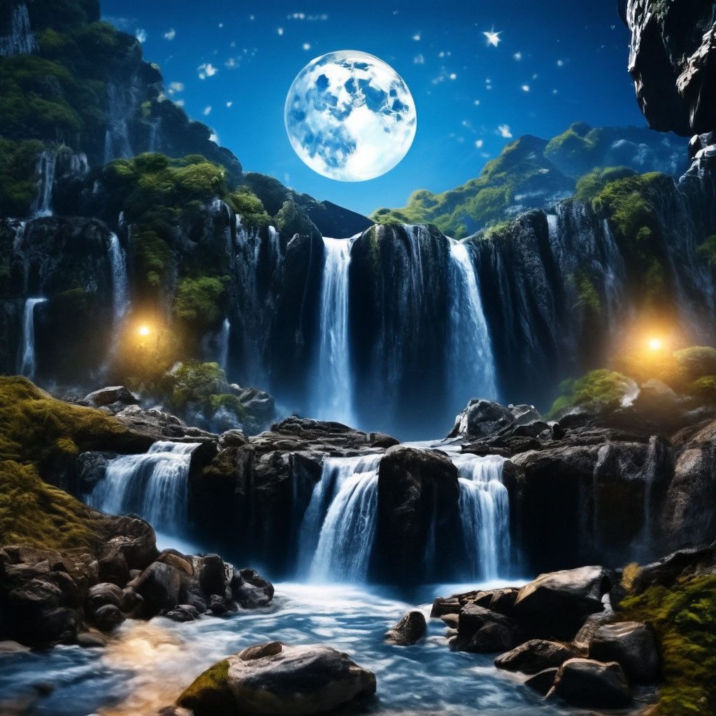 "Moon waterfall, starry night, realistic, high quality, detail ...