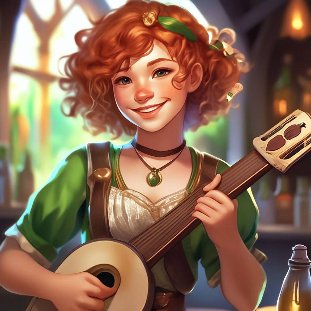 "Halfling girl bard, lute, bar, short curly hair, freckles, green eyes ...