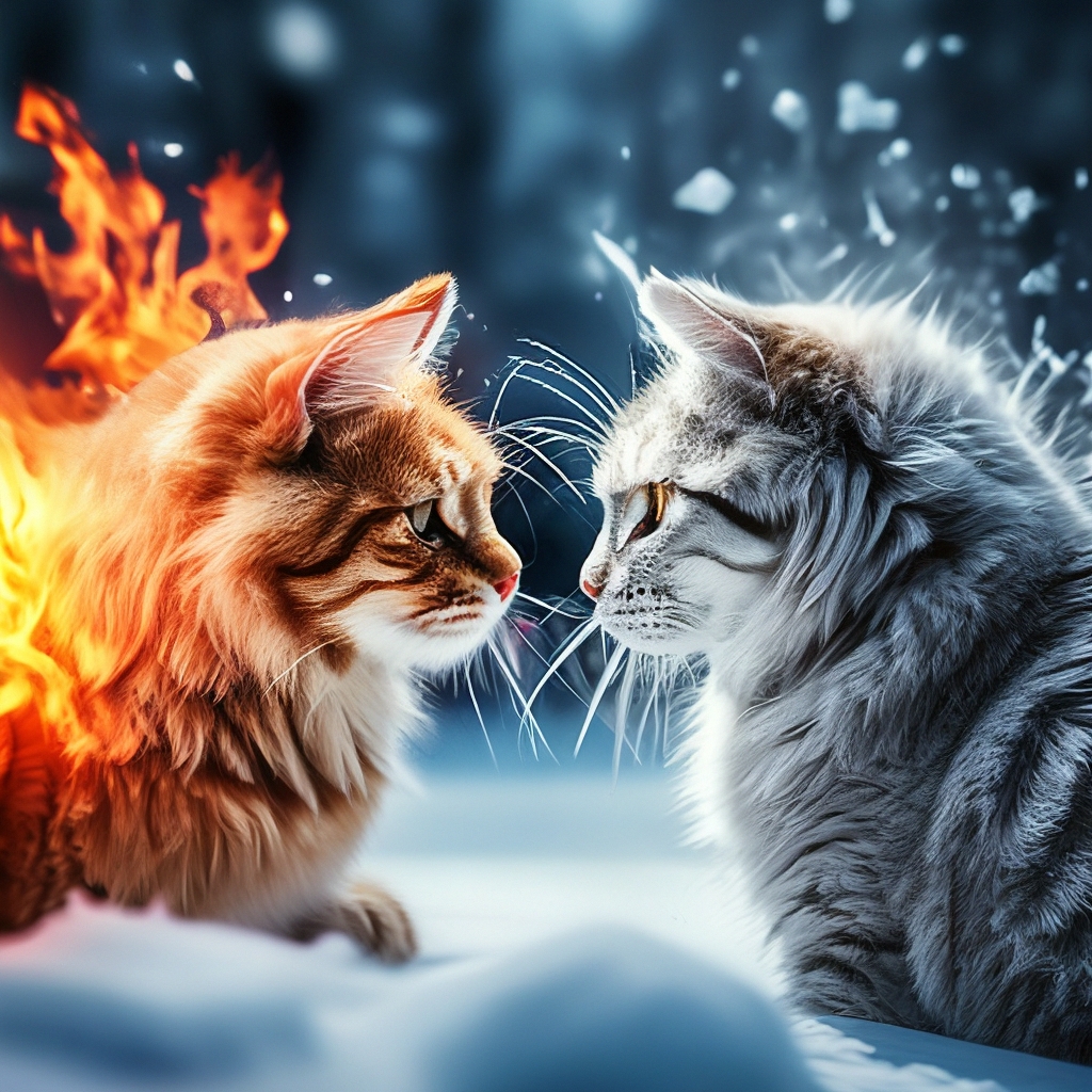 "Fire cat vs ice cat, professional photo, 1/250s" — image created in ...