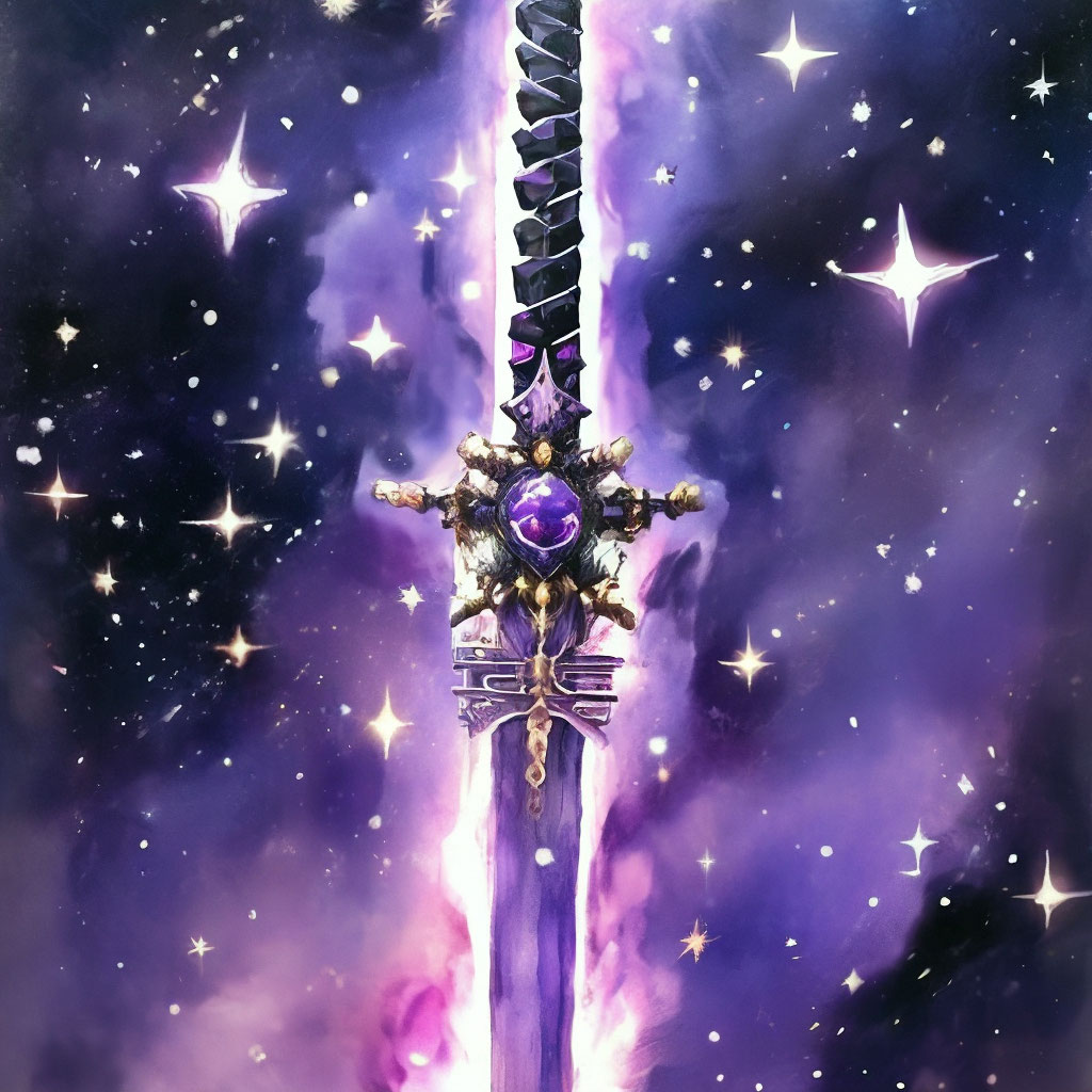"Japanese sword burning with purple flame in full, particles of black ...