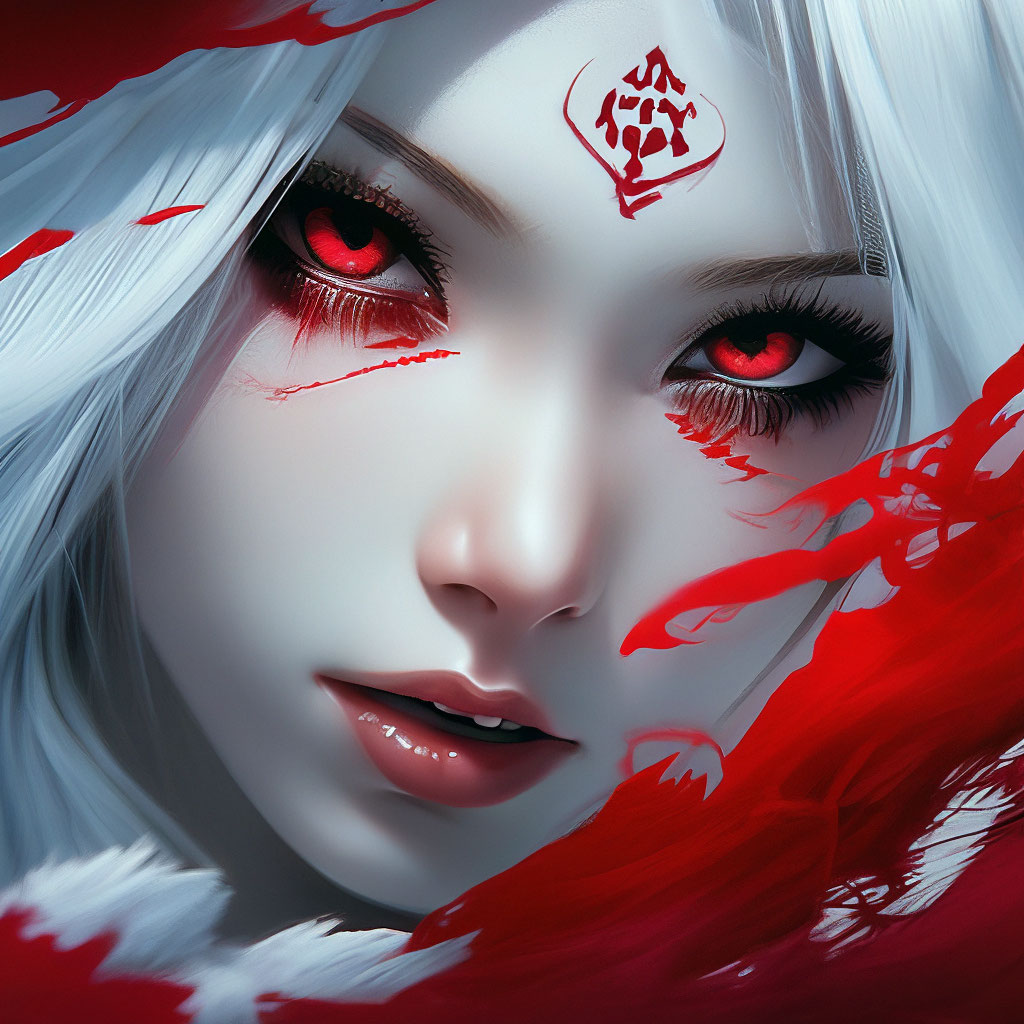 "Girl's face, white hair, scarlet eyes, calligraphy style tattoos ...