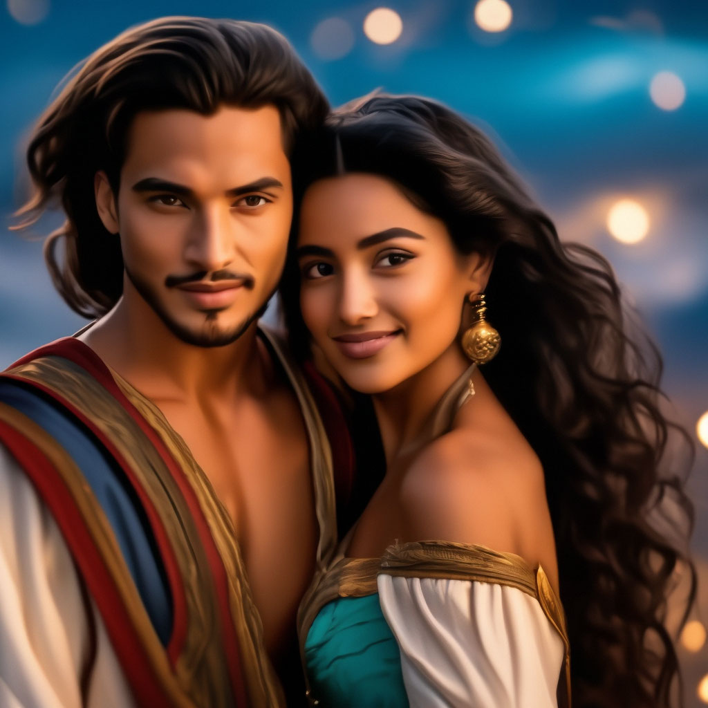 "Princess Jasmine and Aladdin fly on a magic carpet across the night ...