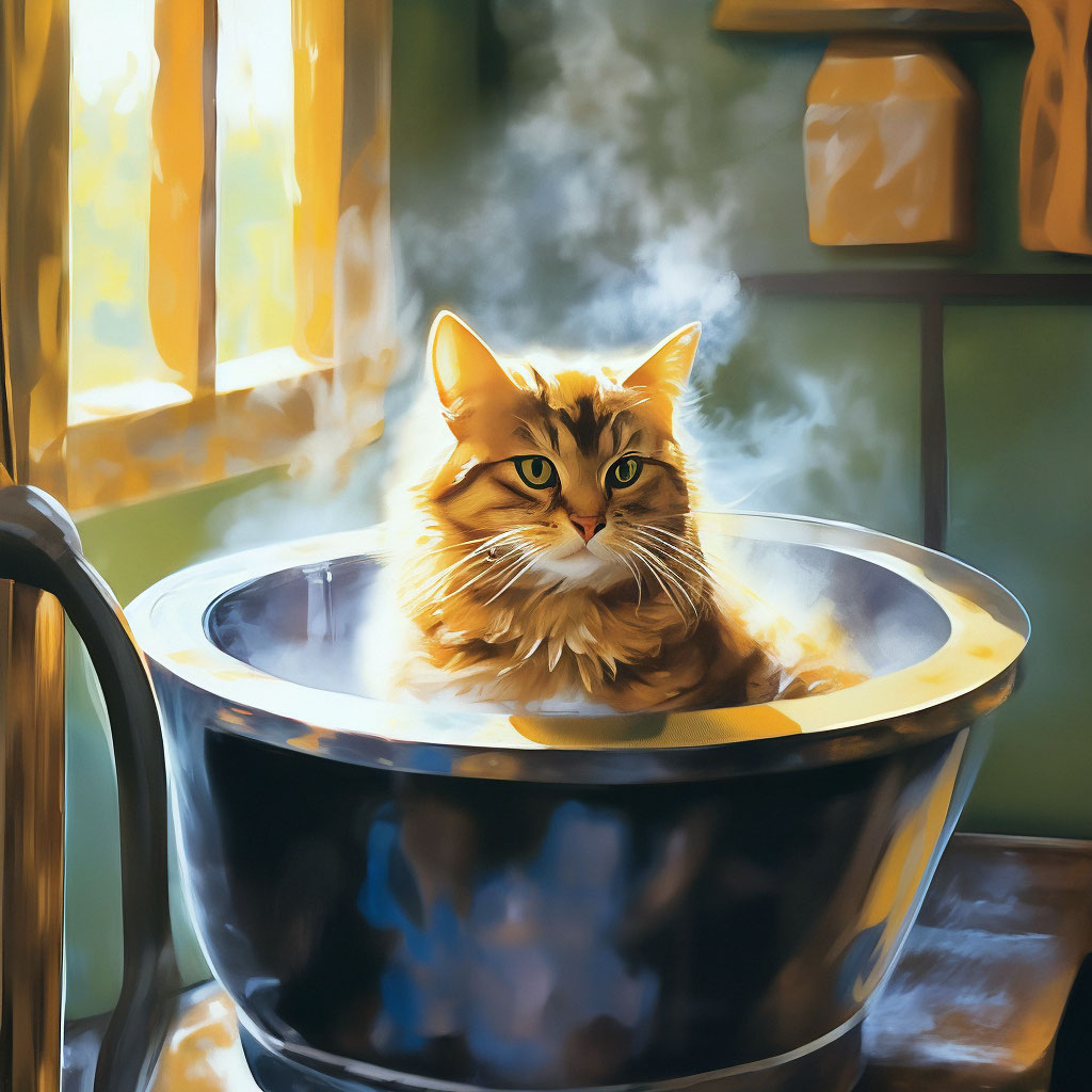 "Cat steaming in the bath, in the steam room, with a broom" — image ...