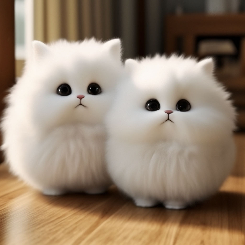 "Two very cute, fluffy white realistic spherical round fluffy cats in ...
