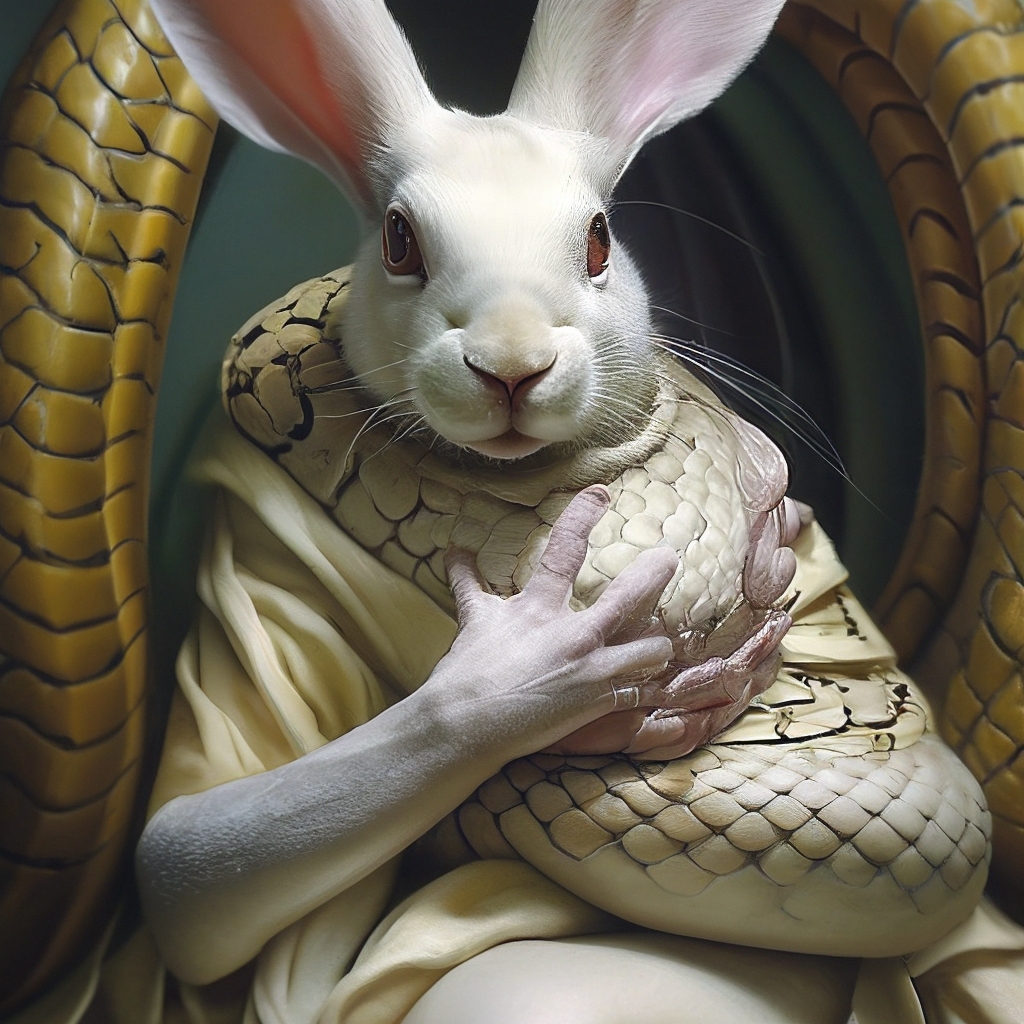 "Rabbit in snake skin skin,grotesque,mysticism,surrealism, realistic ...