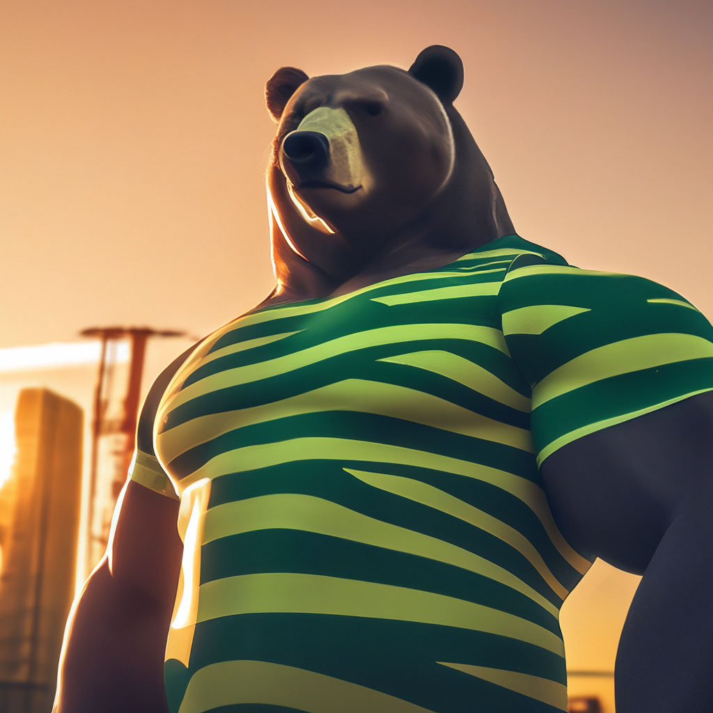 "A huge mighty humanoid bear bodybuilder in a striped black and green T ...