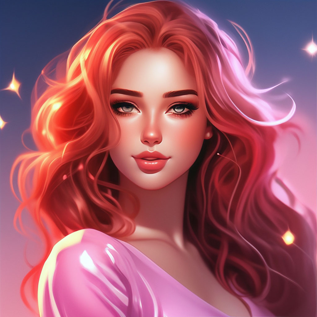 "Beautiful girl, detailed drawing, light shining skin, red shining wavy ...