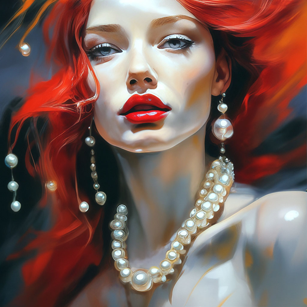 "Beautiful woman, pearls in red hair, expressive eyes, delicate lips ...
