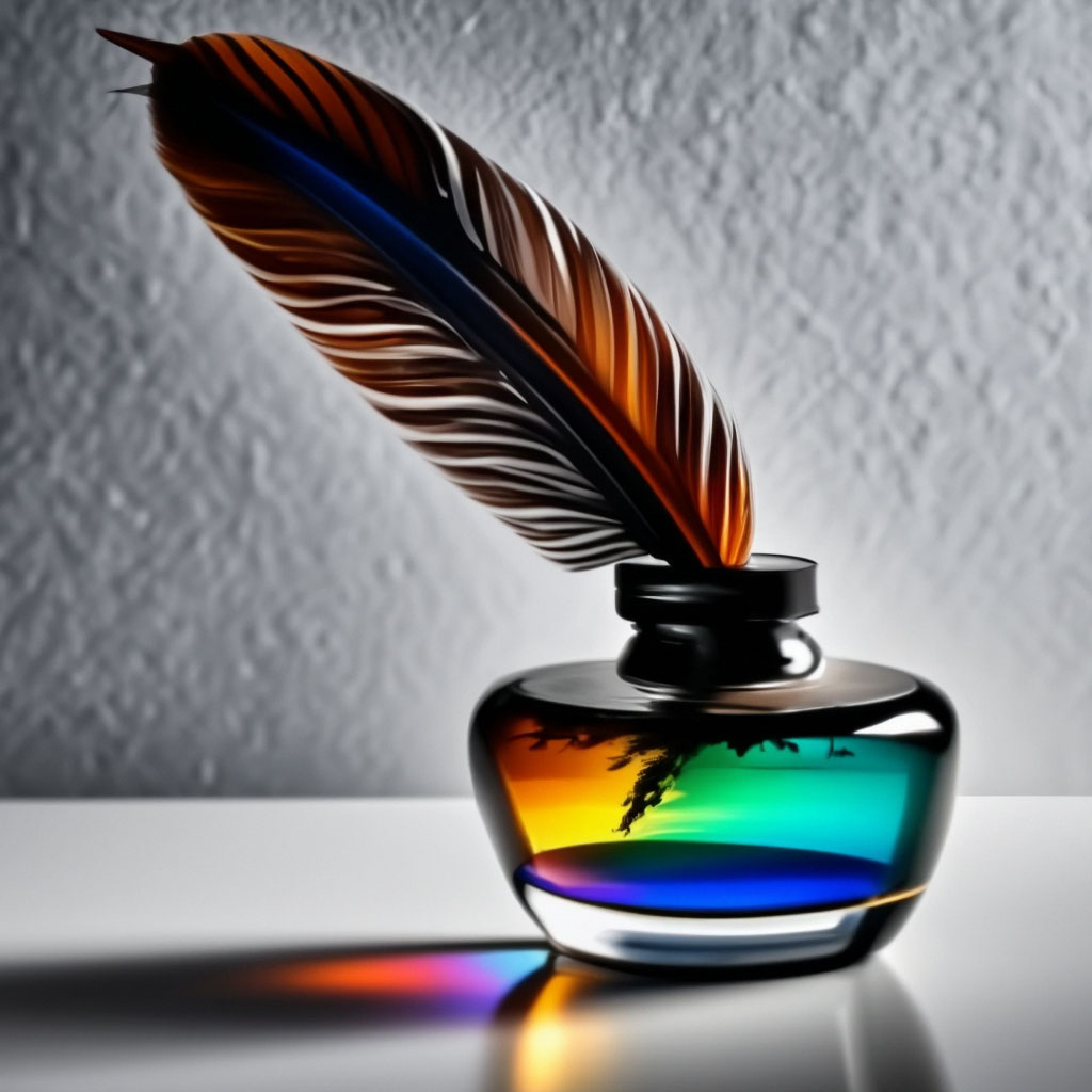"Modern inkwell, with goose quill, profile black on a white background ...
