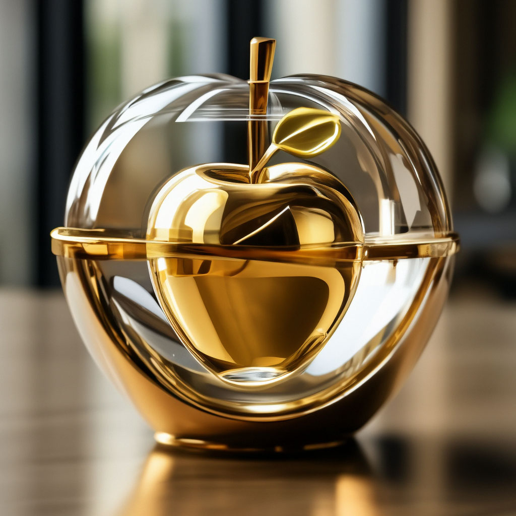 "A golden crystal apple inside a transparent white shell" — image ...