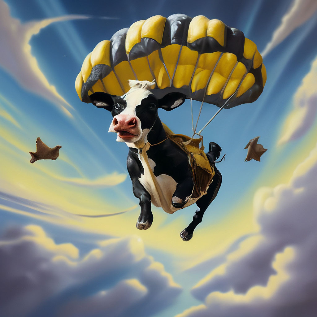 "A frightened cow descends by parachute." — image created in Shedevrum
