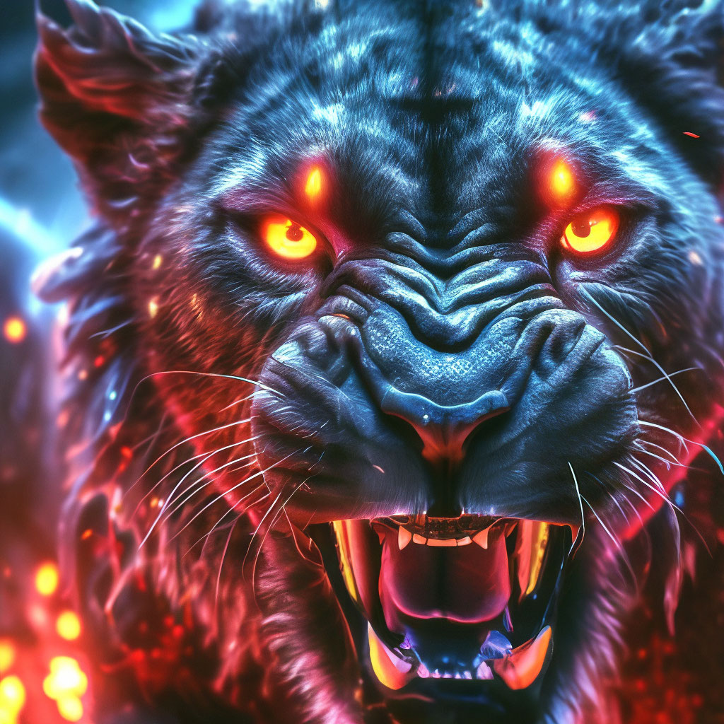 "Megarealism, high detail, bloodthirsty anthropomorphic lioness,fiery ...