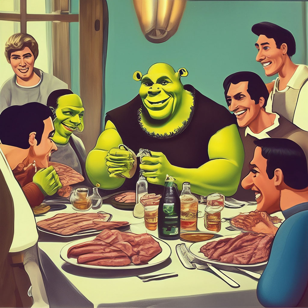 "The man Shrek was sitting at the table and eating. Shrek treated his ...