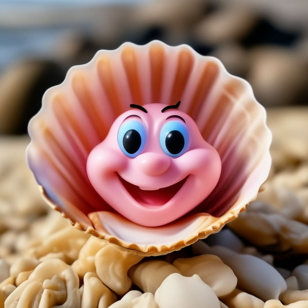"A funny clam peeks out of a mother-of-pearl pink seashell and smiles ...