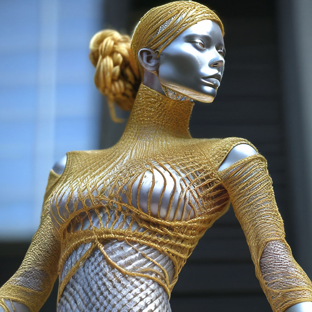 "Knitted from gold and silver wire woman, neuro graphics, realistic ...