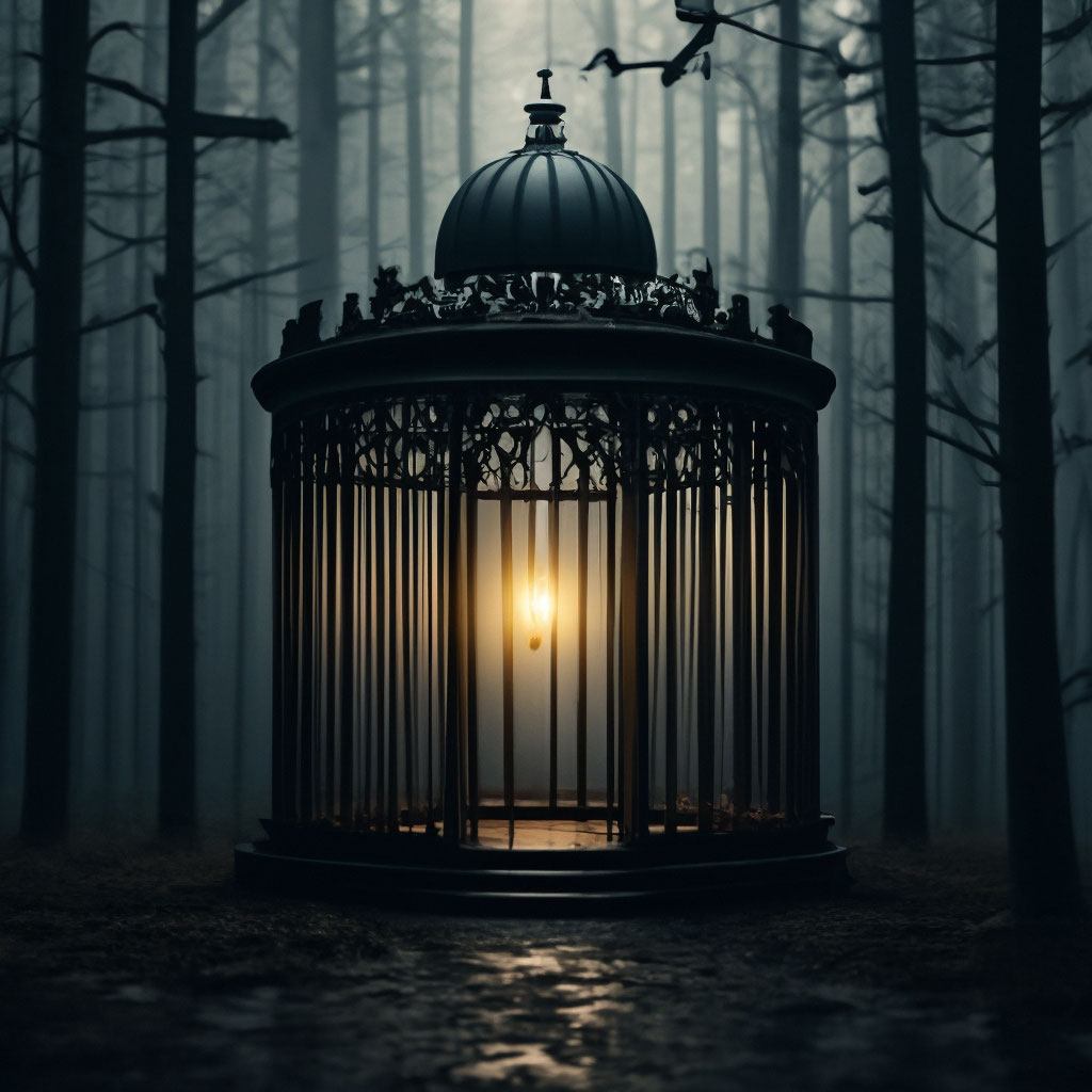 "Cage in dark forest" — image created in Shedevrum