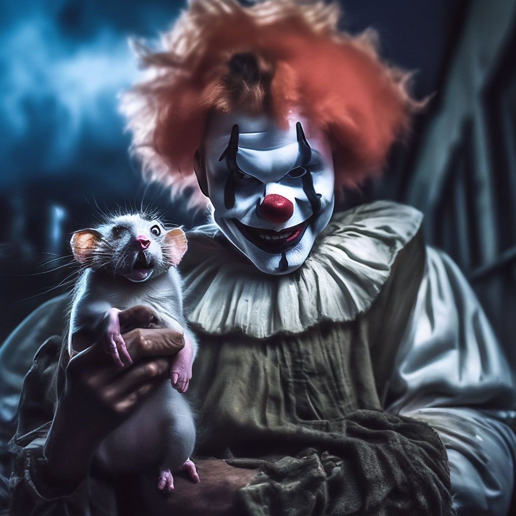 "A very scary clown is holding in his hands a terrible ugly disgusting ...