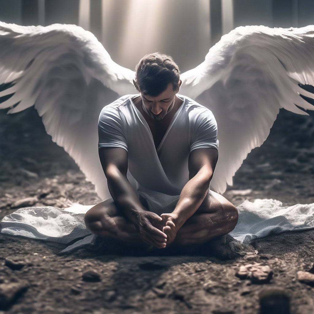 "A man is sitting on the ground, clutching his head, an angel hovers ...