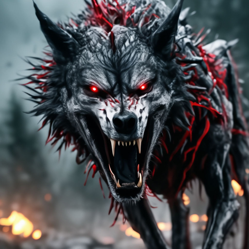 "Zombie wolf, visible bones, hair standing on end, red eyes, grin ...