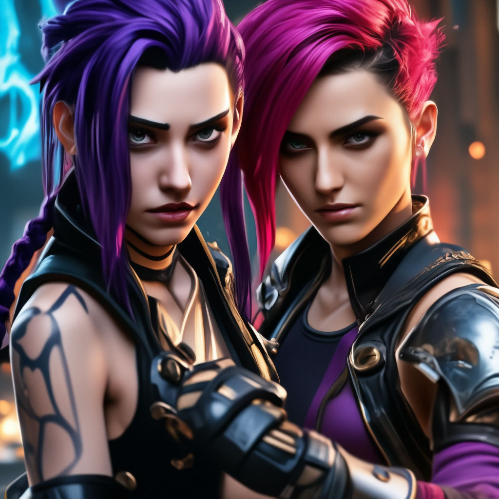 "Jinx and Vai from Arcane, fighting, realistic, aesthetically pleasing ...